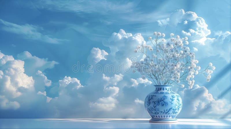 Elegant Blue and White Vase with Delicate White Flowers Against a ...