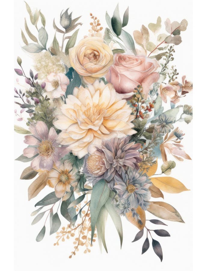 Elegant Boho Wedding Bouquet in Soft Pastel Watercolors . Stock ...