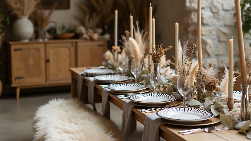 Elegant Boho Wedding Dinner Table Setting with Pampas Grass & Candles ...
