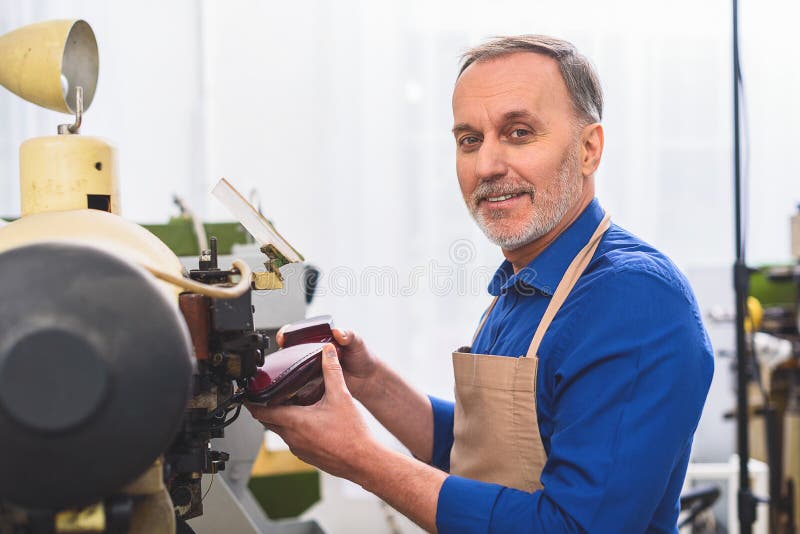 Elegant Bootmaker Smiling at Work Stock Photo - Image of designer ...