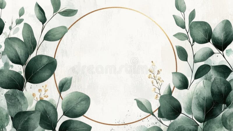 Elegant Botanical Frame with Golden Circular Border and Lush Greenery ...