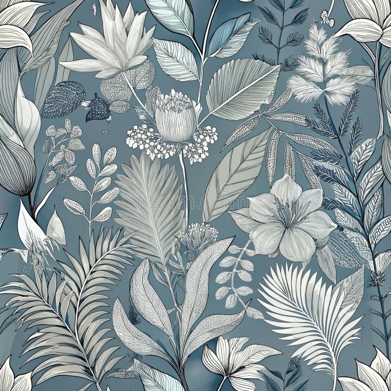 Elegant Botanical Pattern Featuring Diverse Foliage and Flowers on Blue ...