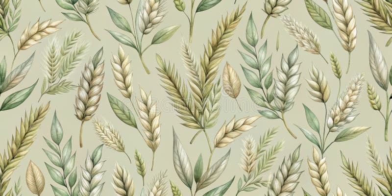 Elegant Botanical Print Featuring Delicate Wheat and Verdant Foliage ...
