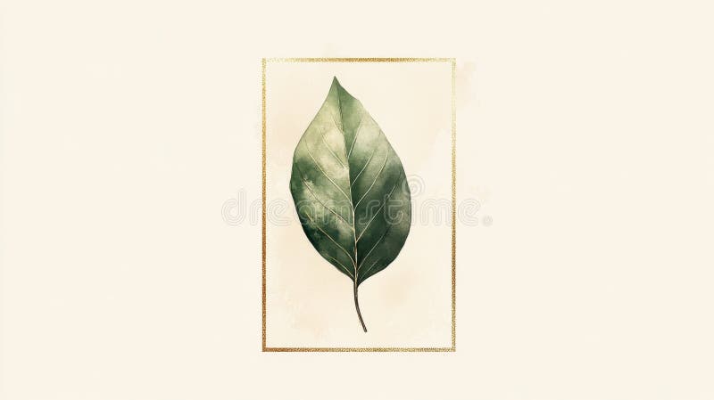 Elegant Botanical Print of a Green Leaf in a Gold Frame with Minimalist ...