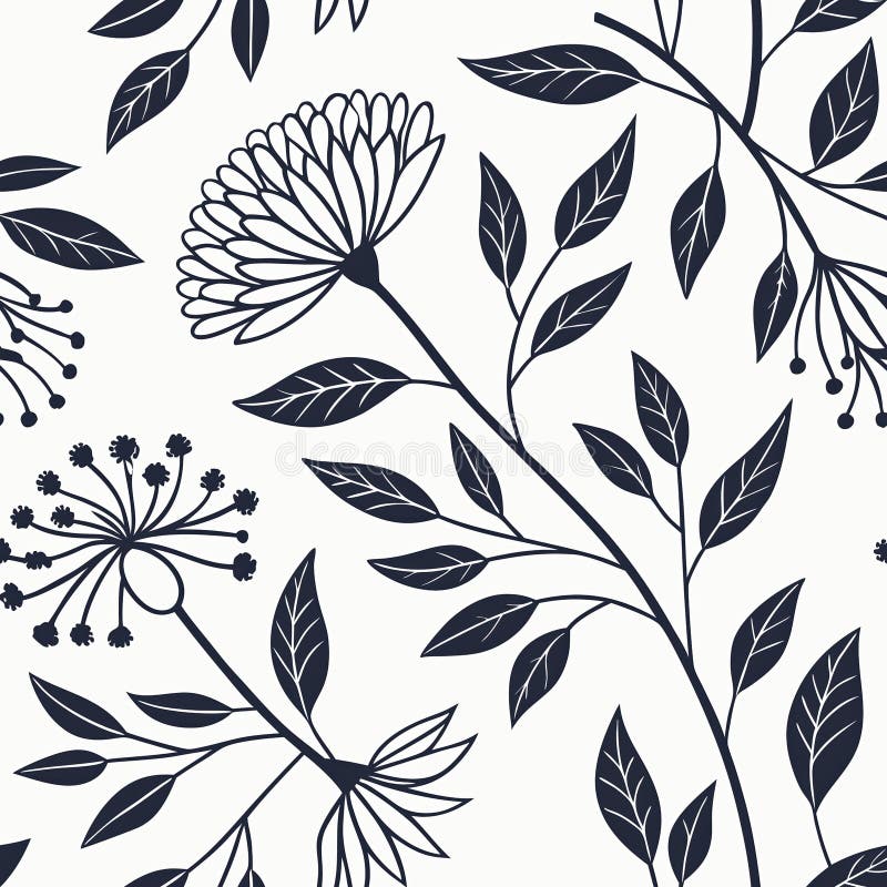 Elegant Botanical Seamless Pattern with Monochrome Floral Elements ...