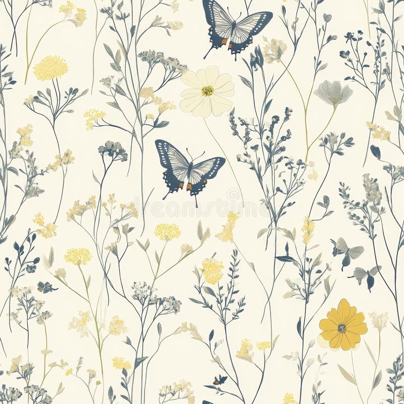 Elegant Botanical Wallpaper with Butterflies and Floral Patterns Stock ...