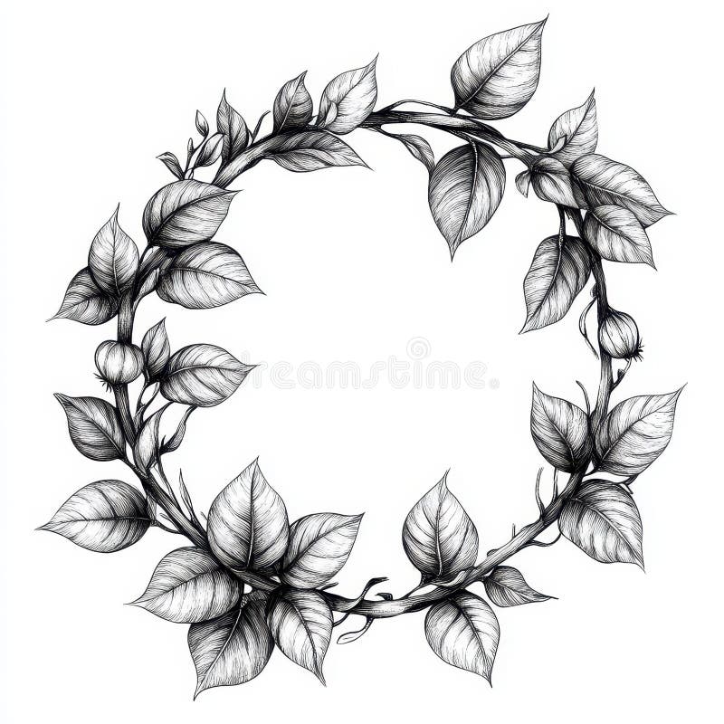 Elegant Botanical Wreath Black Ink Drawing Leaf Frame Nature Art Stock ...