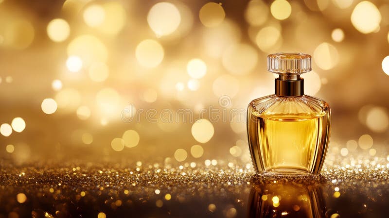 Elegant Bottle of Perfume on a Sparkling Surface with Golden Bokeh ...