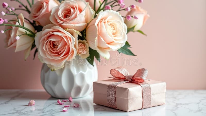 Elegant Bouquet of Peach Roses and Gift Box on Marble Surface Stock ...