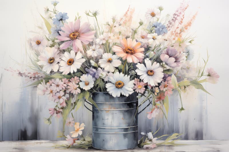 Elegant Bouquet of Spring Flowers in Vintage Bucket Stock Illustration ...