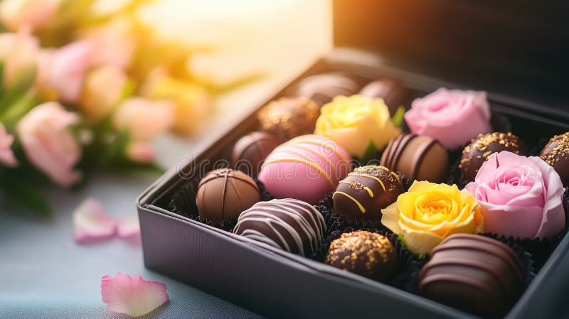 Elegant Box of Assorted Gourmet Chocolate Truffles with Roses Stock ...