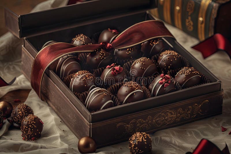 Elegant Box of Chocolate Truffles with Ribbons on a Table. Generative ...