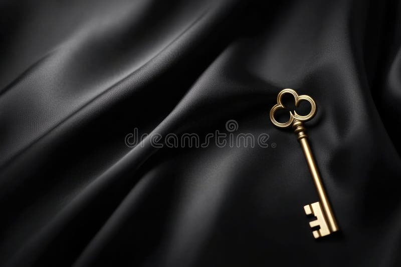 Elegant Brass Key on Luxurious Black Satin Fabric Background Stock ...