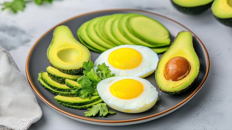 Elegant Breakfast Platter Featuring Avocado Slices and Poached Egg on a ...