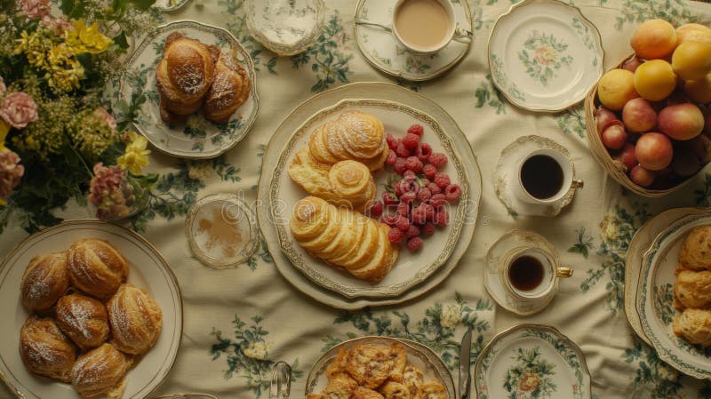 Elegant Breakfast Table Setting Featuring Pastries and Raspberries ...