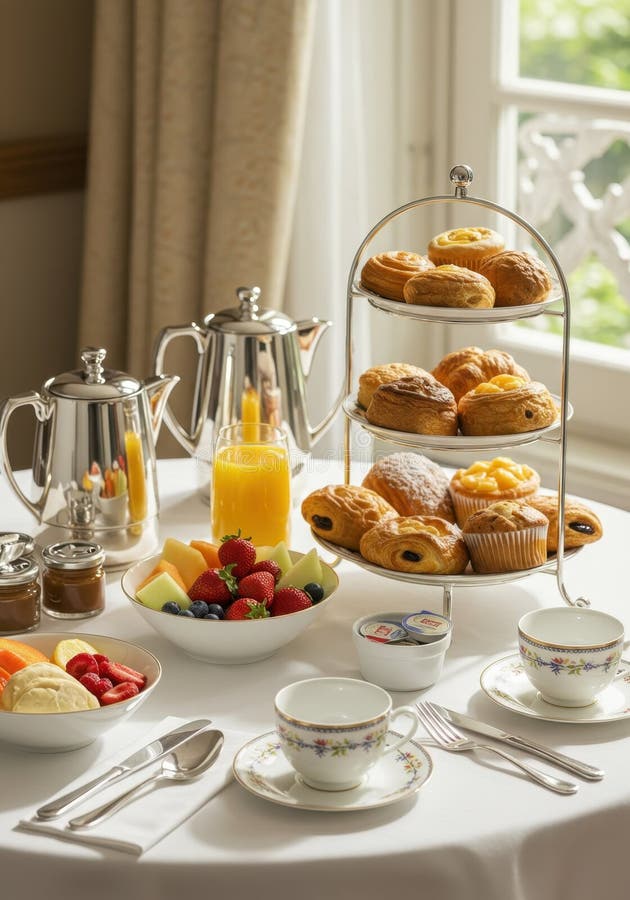 Elegant Breakfast Table Setting with Pastries and Fruit Stock Image ...