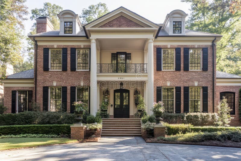 Elegant Brick House with Columns and Landscaped Entrance Stock ...