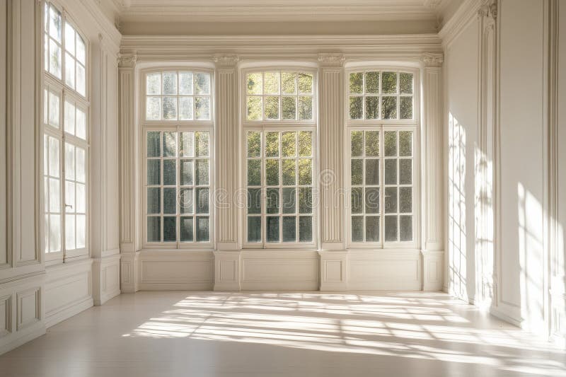 Elegant Bright Room Interior with Large Arched Windows and Streaming ...