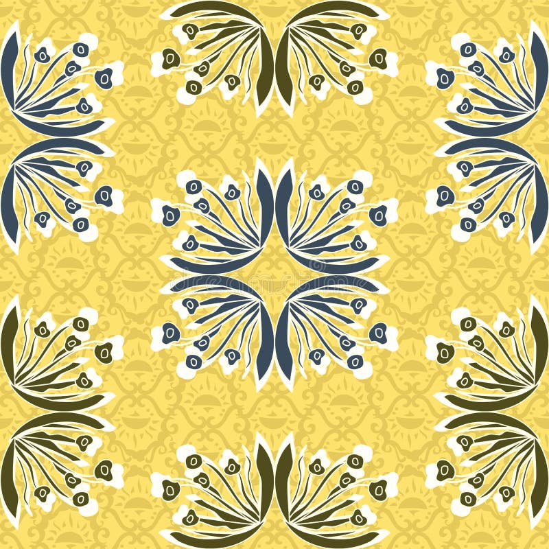 Elegant and Bright Yellow, Navy and Brown Repeat Floral Pattern Stock ...