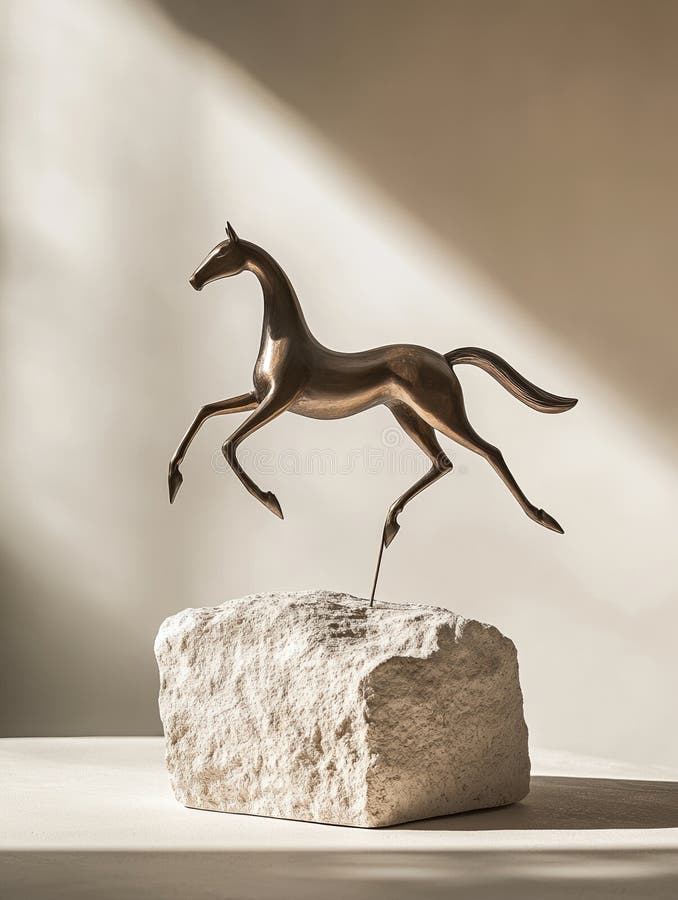 Elegant Bronze Horse Sculpture on Rustic Stone Display Stock ...