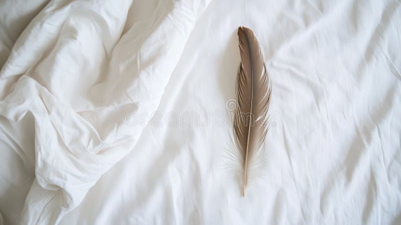 Elegant Brown Feather Rests on a Soft White Blanket in a Serene and ...