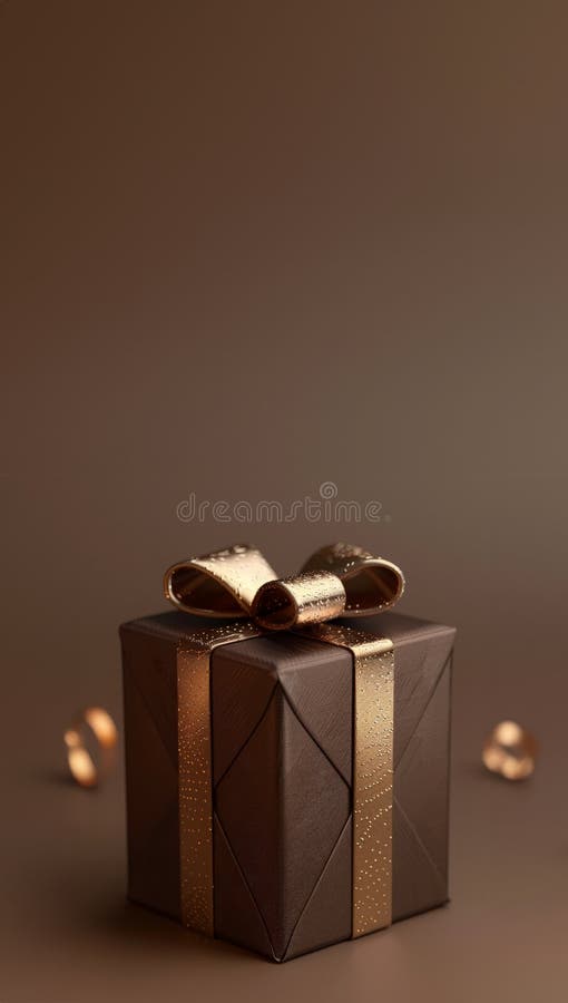 Elegant Brown Gift Box with Gold Ribbon on Brown Background Stock Image ...