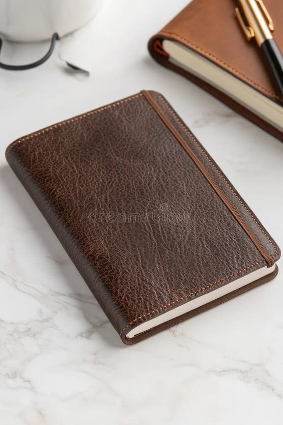 Elegant Brown Leather Notebook on Marble Desk Surface with Pen and ...