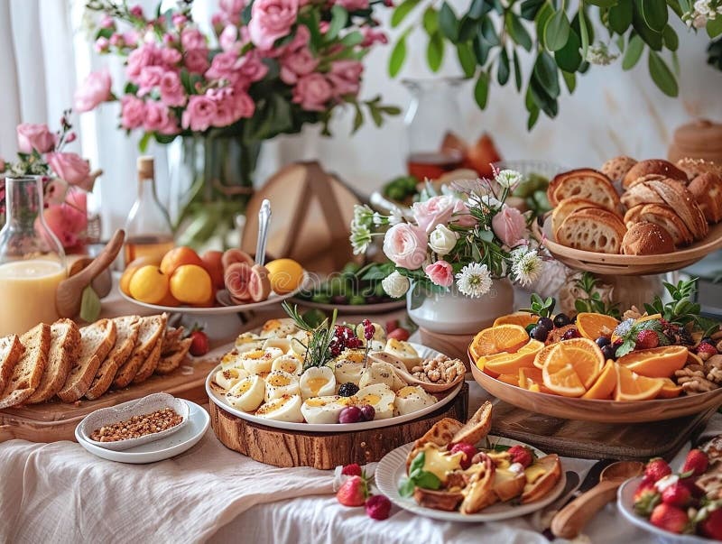 Elegant Brunch Spread Featuring Fresh Flowers, Assorted Delicacies, and ...