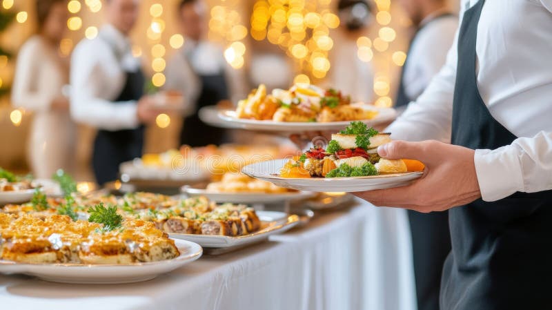 Elegant Buffet with Diverse Dishes Served by Attentive Waitstaff in a ...