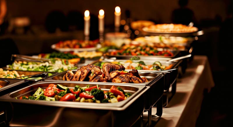 Elegant Buffet with Grilled Chicken and Fresh Salads for Dinner Stock ...
