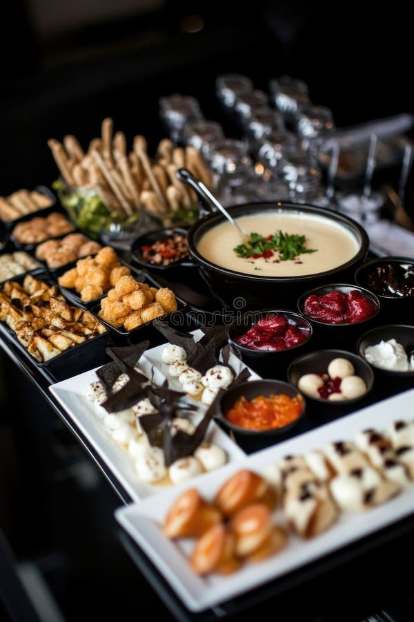 Elegant Buffet Spread with Cheese Fondue and Assorted Snacks on Display ...