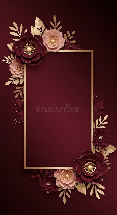 Elegant Burgundy Background with Golden Frame and Floral Decorations ...
