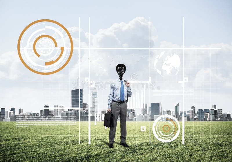 Camera Headed Man Standing on Green Grass Against Modern Citysca Stock ...