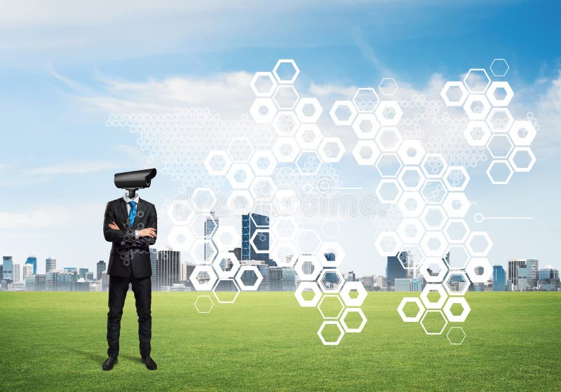 Camera Headed Man Standing on Green Grass Against Modern Cityscape ...