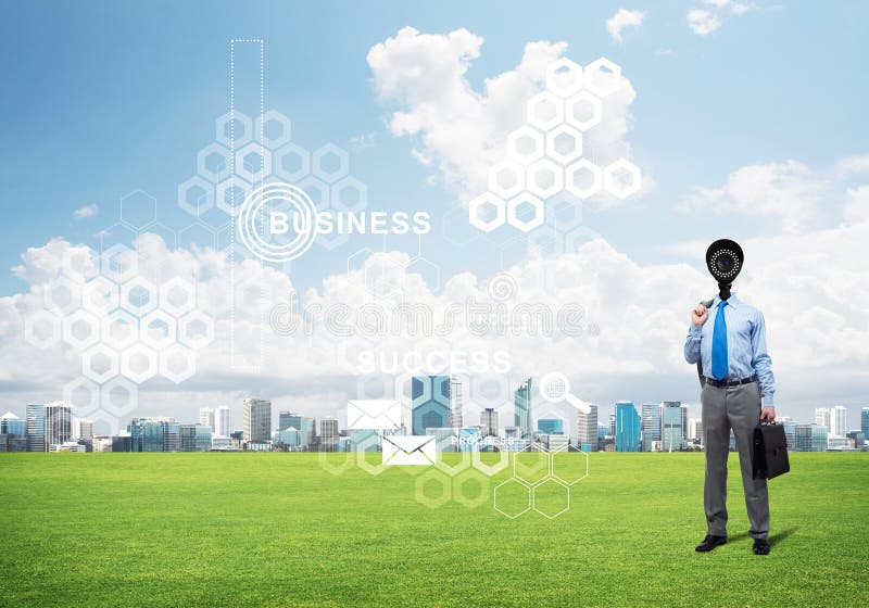 Camera Headed Man Standing on Green Grass Against Modern Cityscape ...