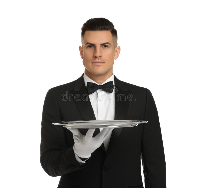 Elegant Butler Holding Silver Tray Isolated on White Stock Photo ...