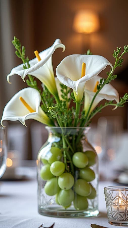 Elegant Calla Lily and Grape Centerpiece in a Glass Vase on a Dining ...