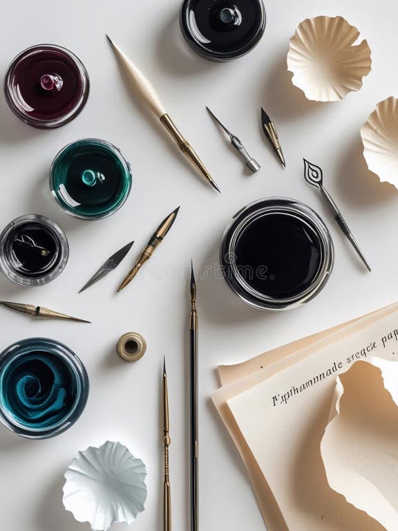 Elegant Calligraphy Workspace with Diverse Inks and Ancient Writing ...