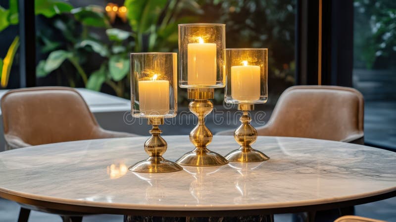 Elegant Candle Holders on Marble Table in Modern Interior Stock Photo ...