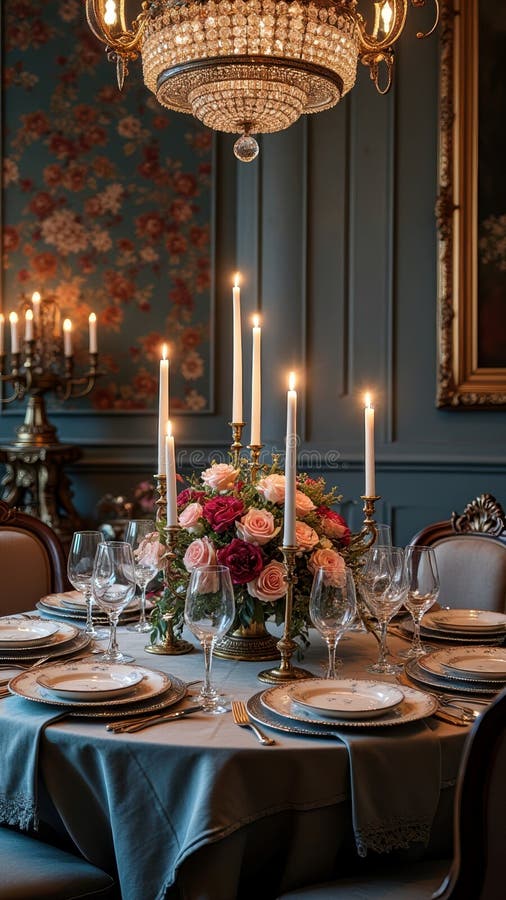 Elegant Candlelit Dining Room with Floral Centerpiece and Luxurious ...