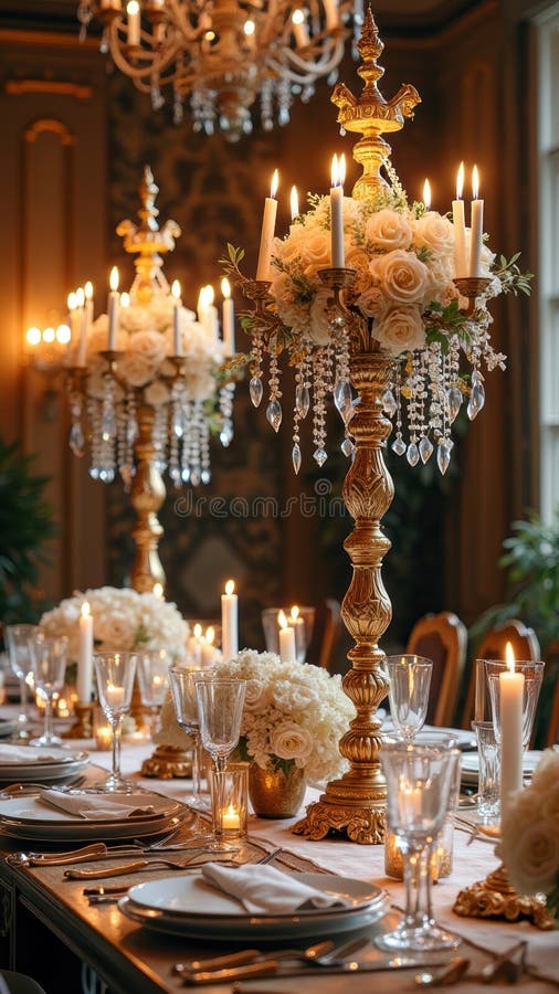 Elegant Candlelit Dining Table with Golden Candelabras and White Roses ...