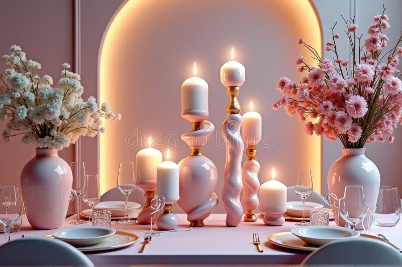 Elegant Candlelit Dinner Setting Floral Arrangements Soft Lighting ...