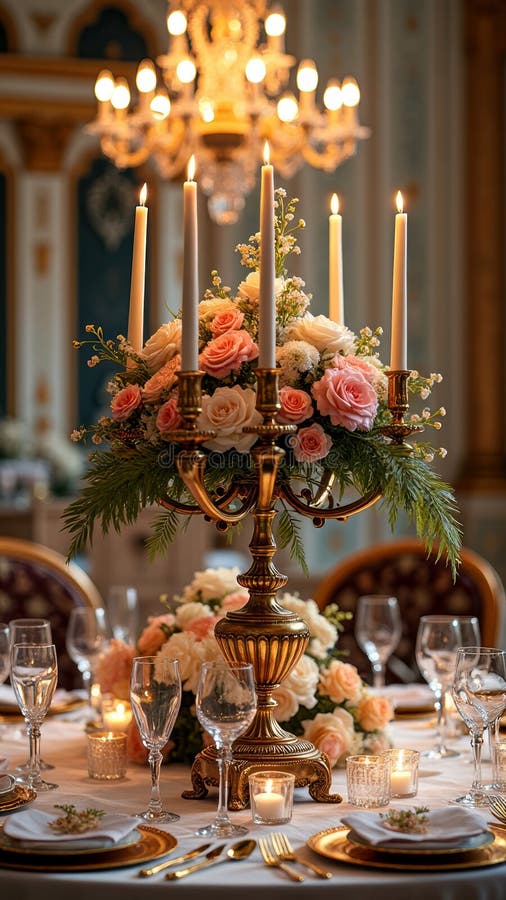 Elegant Candlelit Dinner Setting with Floral Centerpiece and Exquisite ...