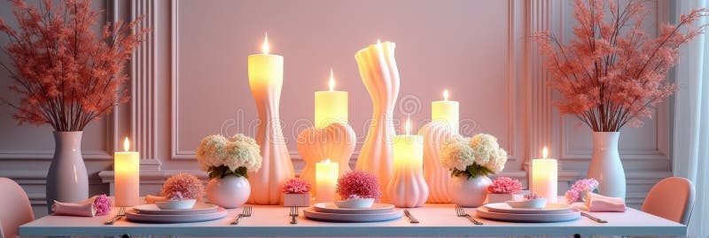 Elegant Candlelit Dinner Setup with Floral Arrangement in Soft Pastel ...