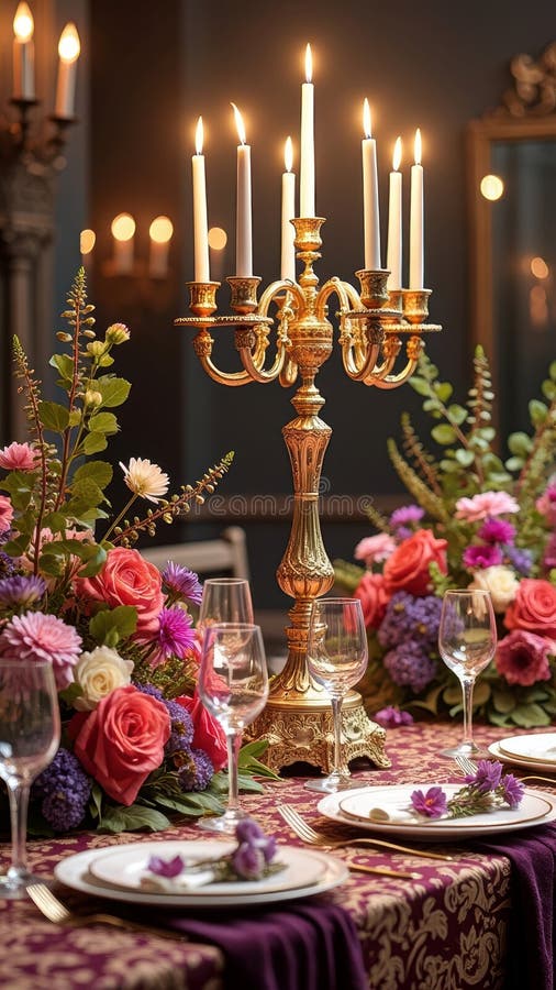 Elegant Candlelit Dinner Table with Floral Arrangements and Gold ...