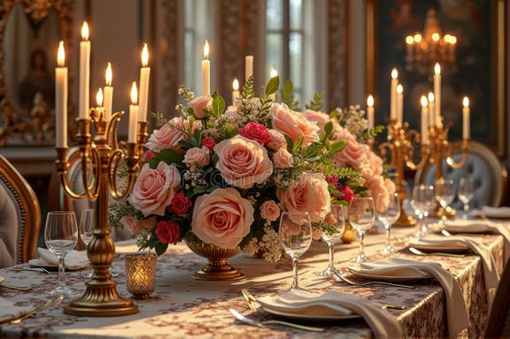 Elegant Candlelit Dinner Table with Floral Centerpiece in Luxurious ...