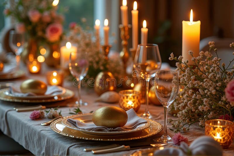 Elegant Candlelit Dinner Table with Golden Decor in a Romantic Setting ...