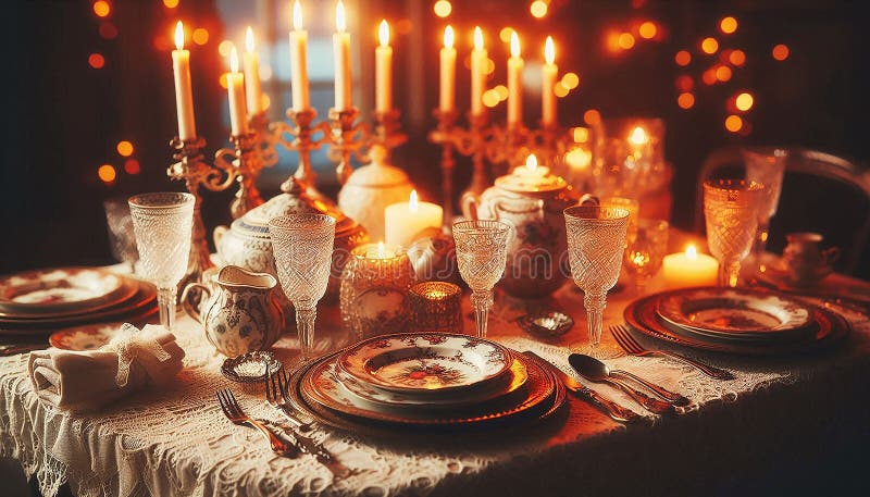 Elegant Candlelit Dinner Table Setting with Fine China Stock ...