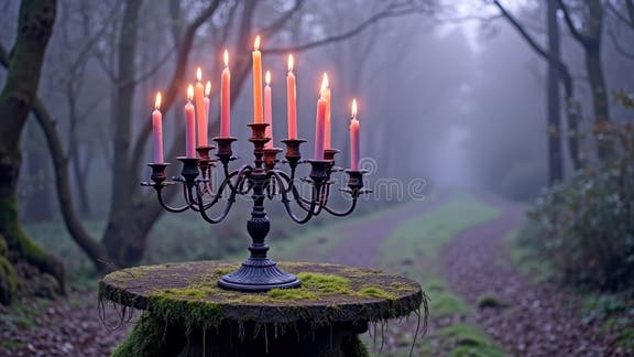 Elegant Candlestick with Lit Candles on Mossy Table in Misty Enchanted ...