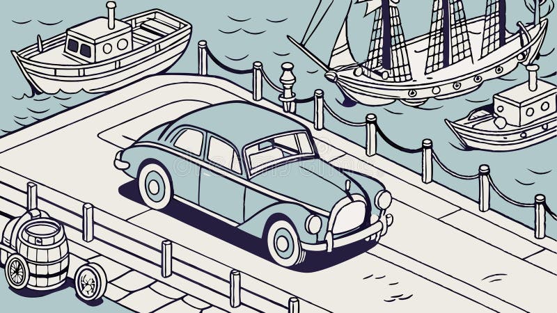 Elegant Car by Harbor with Sailing Ships, Vector Design Generative AI ...